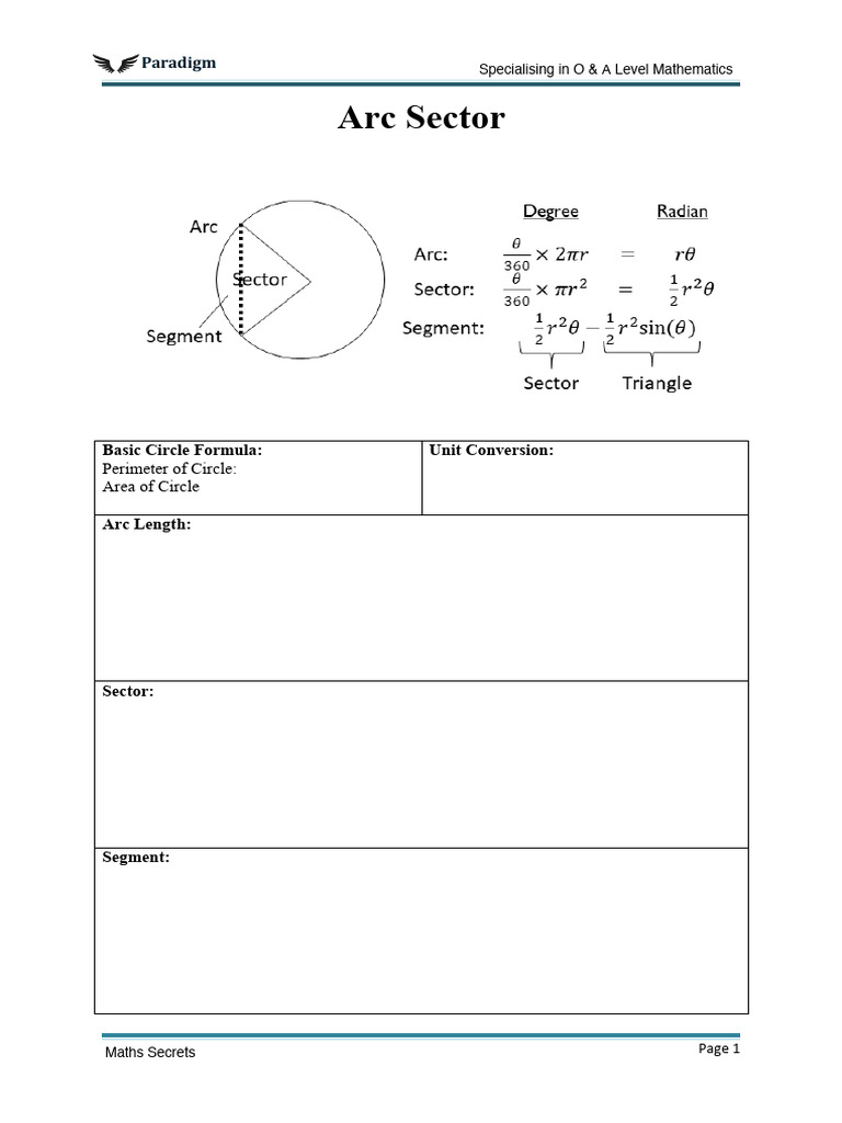 Sec 4 June Arc Sector Segment Revision | PDF | Area | Circle