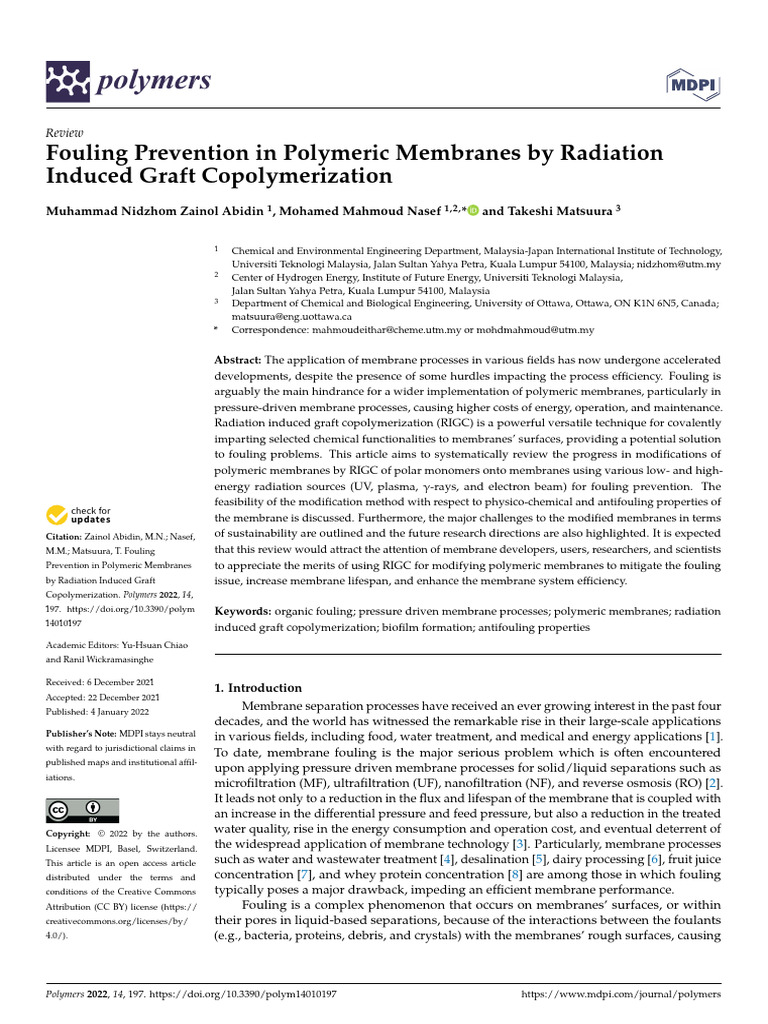 Fouling Prevention in Polymeric Membranes by Radia | PDF | Membrane | Osmosis
