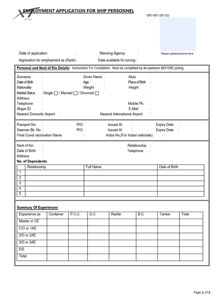Ofc-007 Employment Application For Ship Personnel | PDF | Ships | Water ...