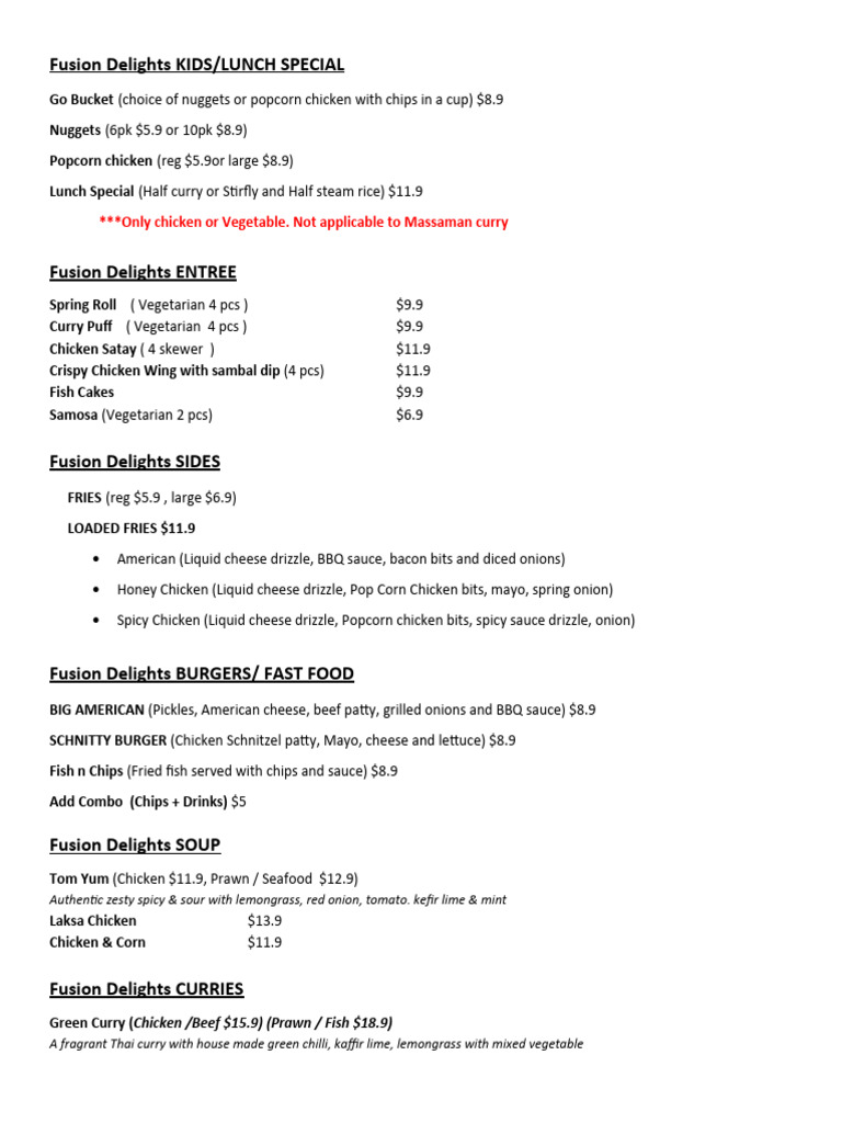Sweet Fusion Delights Menu | PDF | Thai Cuisine | Curry