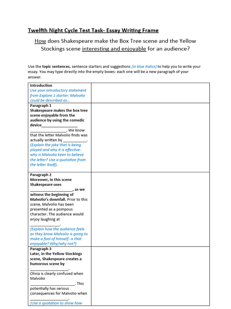 Twelfth Night Cycle Test Task - Essay Writing Frame | PDF | Twelfth Night