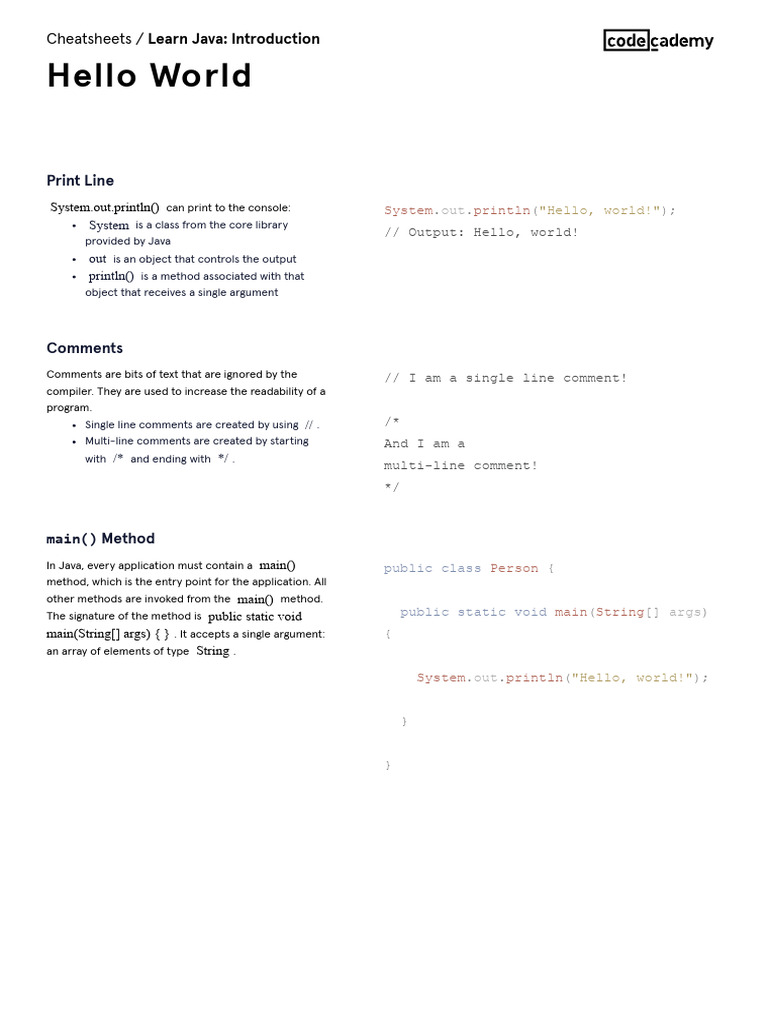 Learn Java - Introduction - Hello World Cheatsheet - Codecademy | PDF | Java Virtual Machine ...