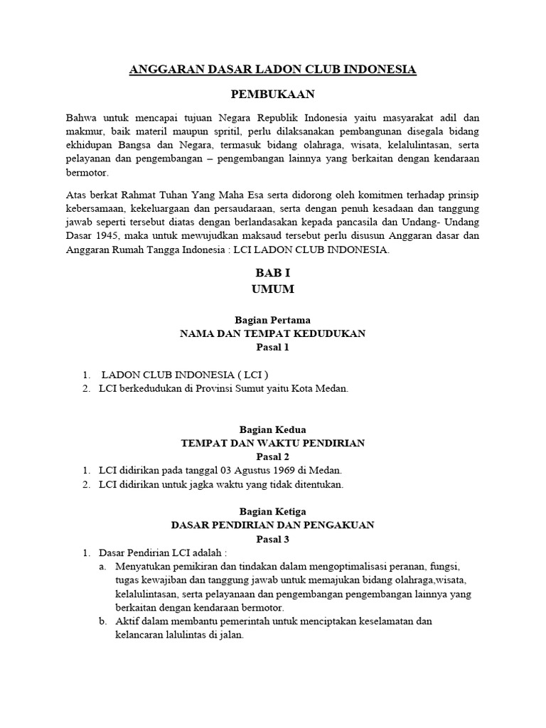 Anggaran Dasar Ladon Club Indonesia | PDF
