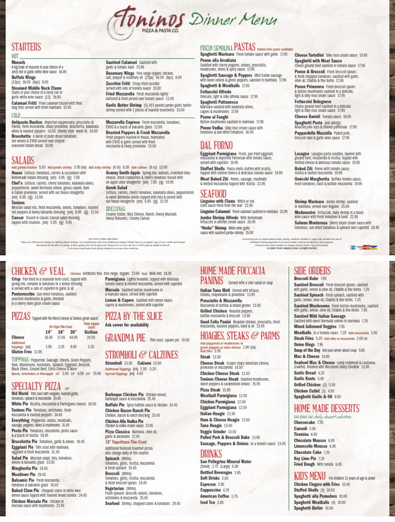 Toninos Dinner Menu Mar-24 | PDF | Pizza | Tomato Sauce