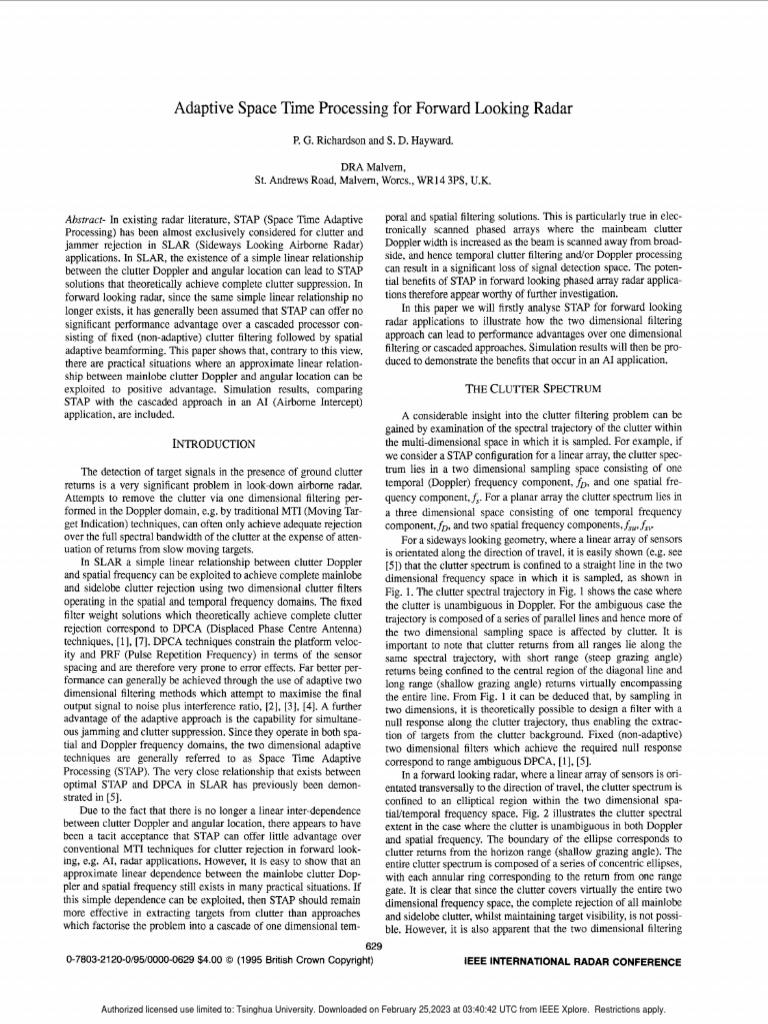 Adaptive Space Time Processing for Forward Looking Radar | PDF | Radar | Radio Technology