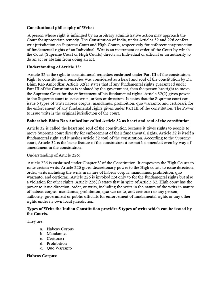 Constitutional Philosophy of Writs | PDF | Writ | Habeas Corpus