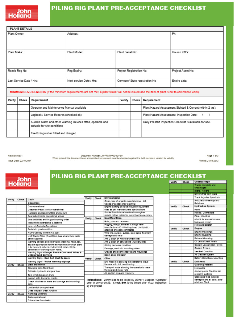 JH FRM Pae 001 60 Piling Rig Plant Pre Acceptance Checklist | PDF | Drill | Belt (Mechanical)