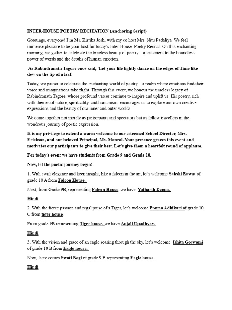 Anchoring Script Inter House Poetry | PDF