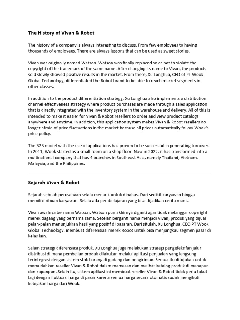 The History of Vivan & Robot | PDF | Bisnis