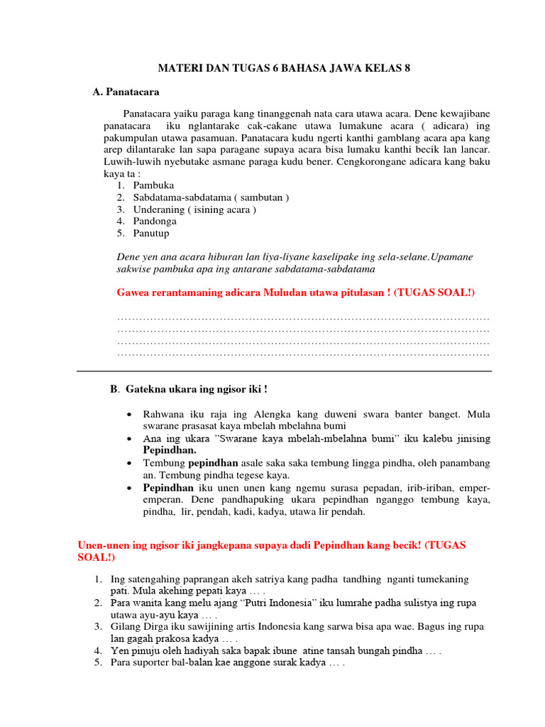 Materi Dan Tugas 6 Bahasa Jawa Kelas 8 | PDF