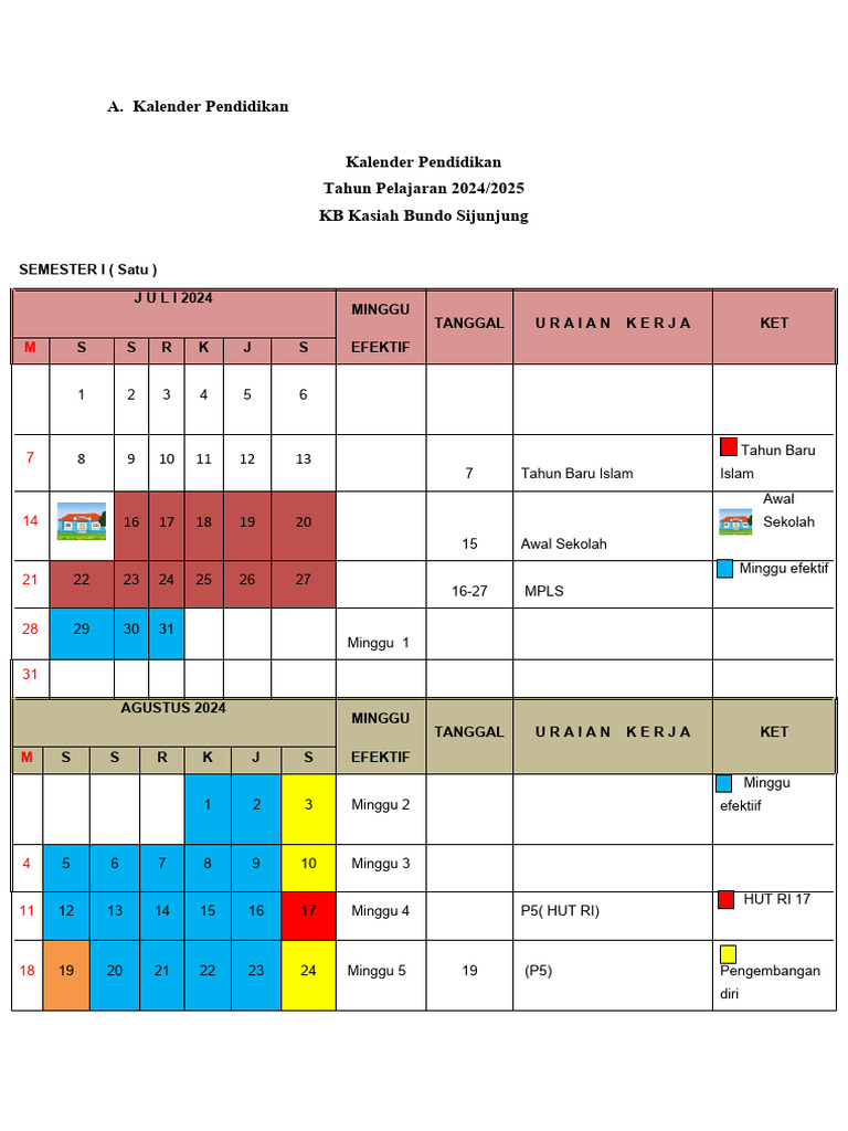 Kalender Pendidikan 2024/2025 KB Kasiah Bundo | PDF