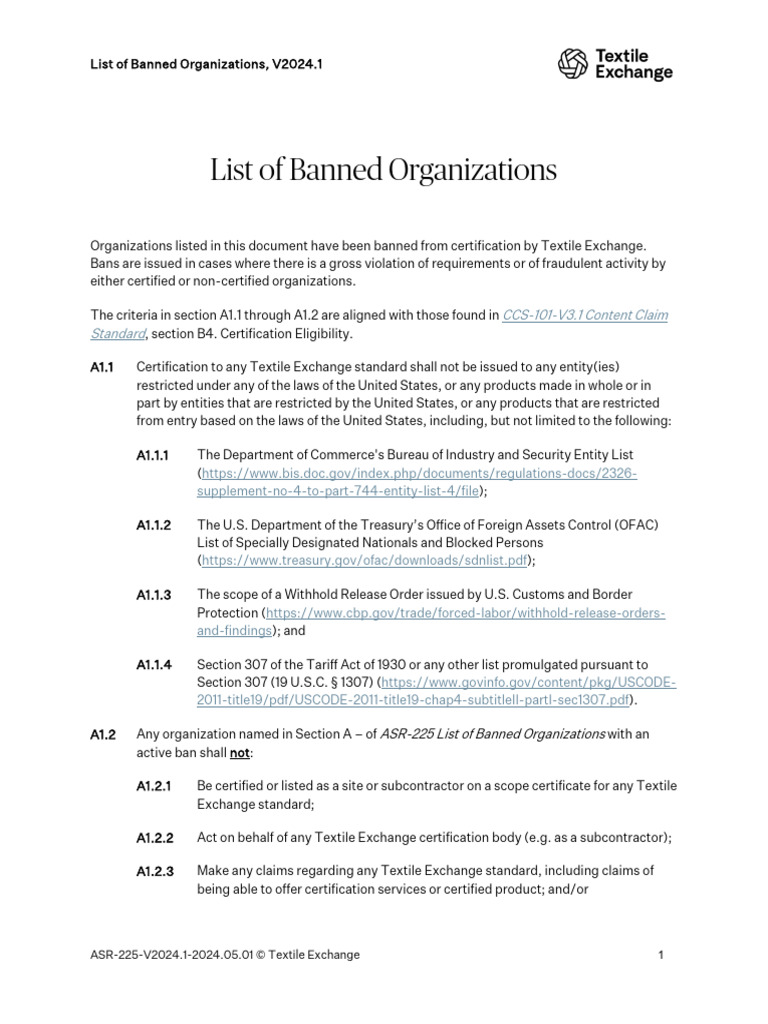 Textile Exchange Banned Organizations List | PDF | Certification | Textiles
