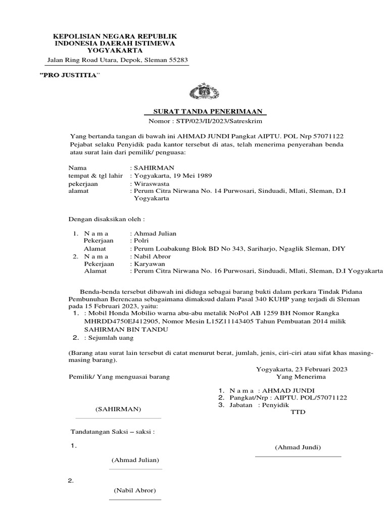Contoh Surat Tanda Penerimaan Dalam Penyidikan | PDF