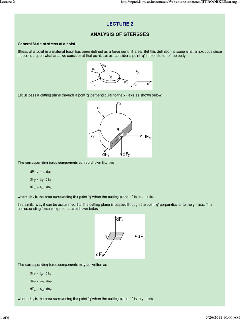 Lecture 2 - Analysis of Stresses | PDF | Stress (Mechanics) | Cartesian ...