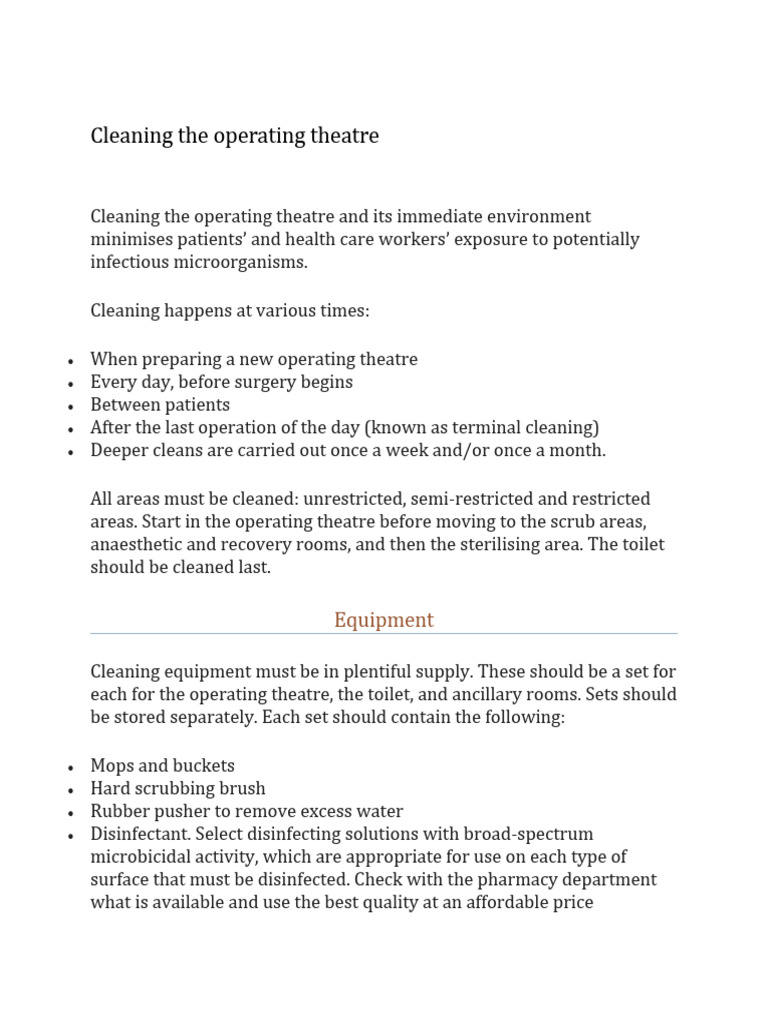 Cleaning The Operating Theatre | PDF | Operating Theater | Disinfectant