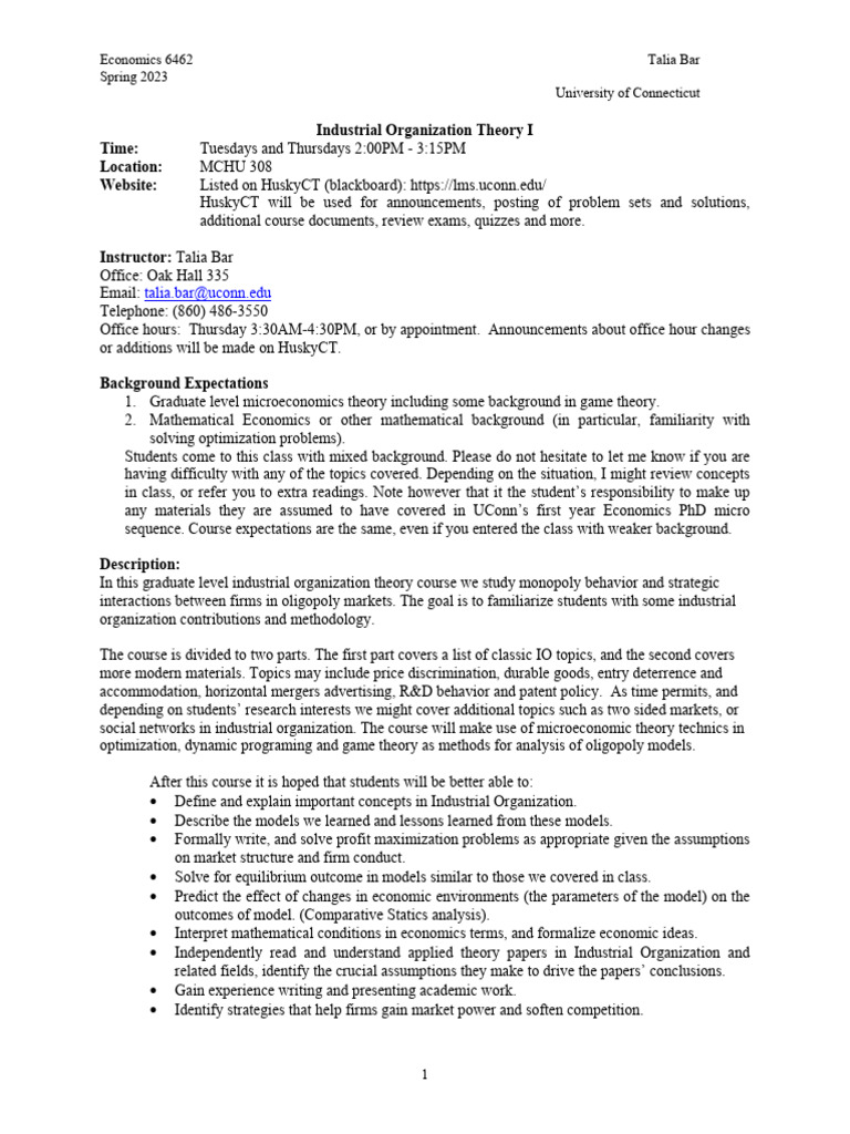 IO Theory Syllabus | PDF | Academic Dishonesty | Economics