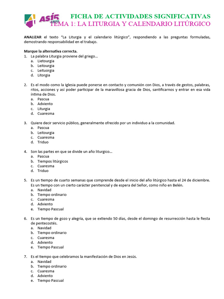 Actividades Significativas-Tema 1 | PDF | Año litúrgico | Prestado