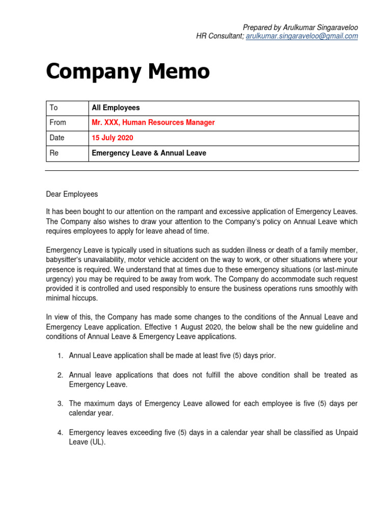 Sample Memo On Annual Leave & Emergency Leave | Download Free PDF ...