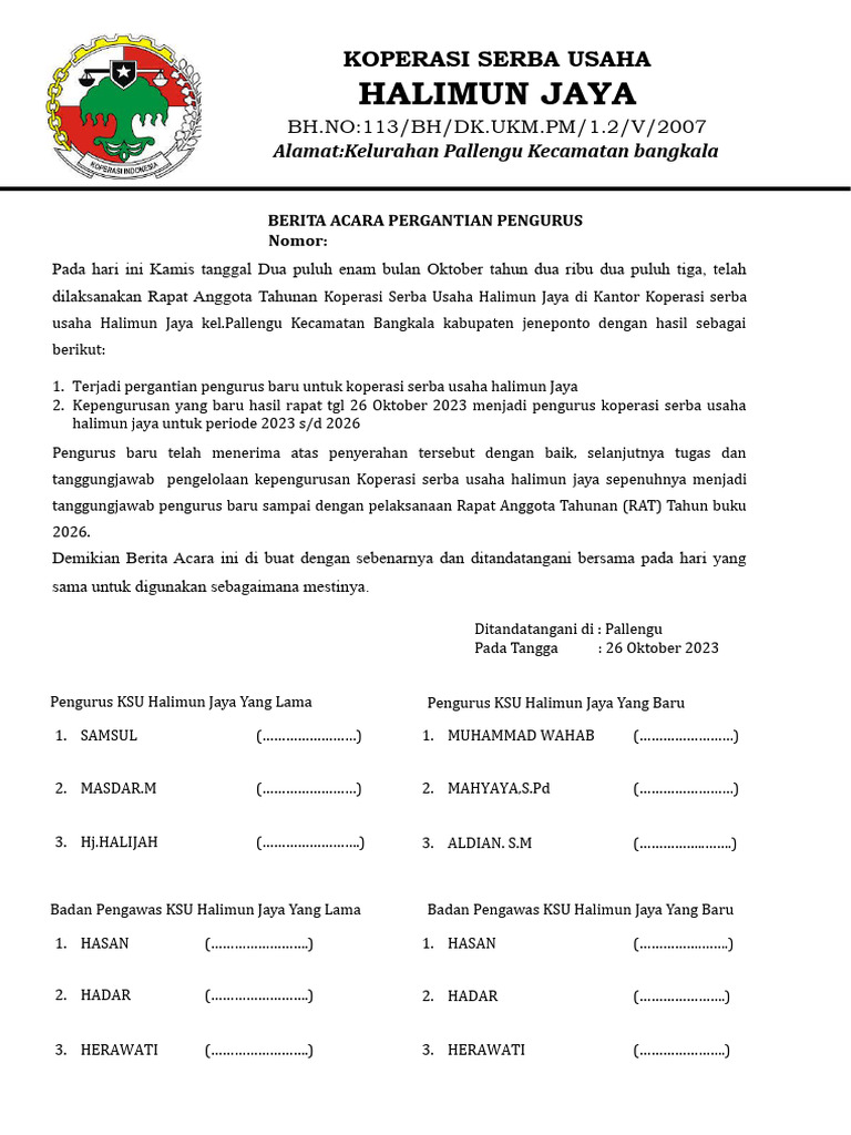 Berita Acara Pergantian Pengurus | PDF