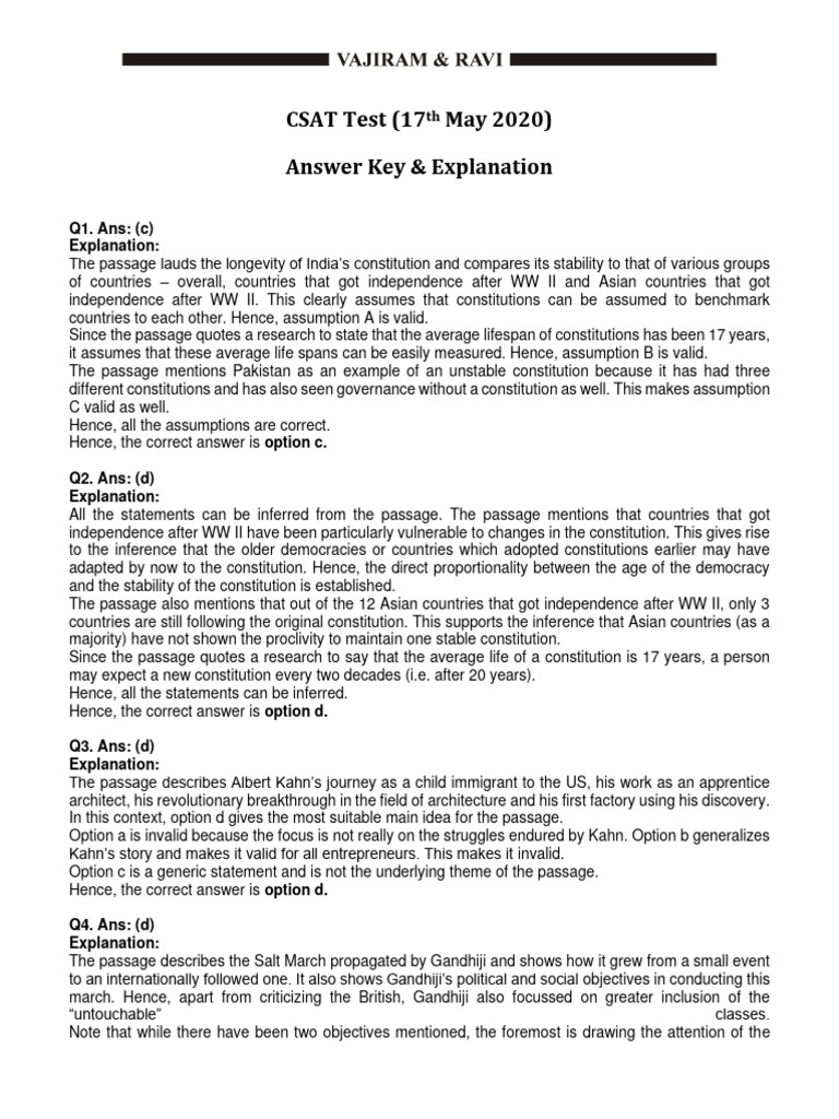 CSAT Test (17 May 2020) Answer Key & Explanation: Q1. Ans: (C ...