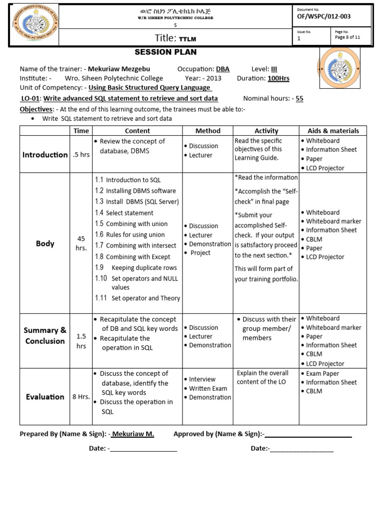 UC4 UC9SESSION PLAN | PDF | Sql | Databases