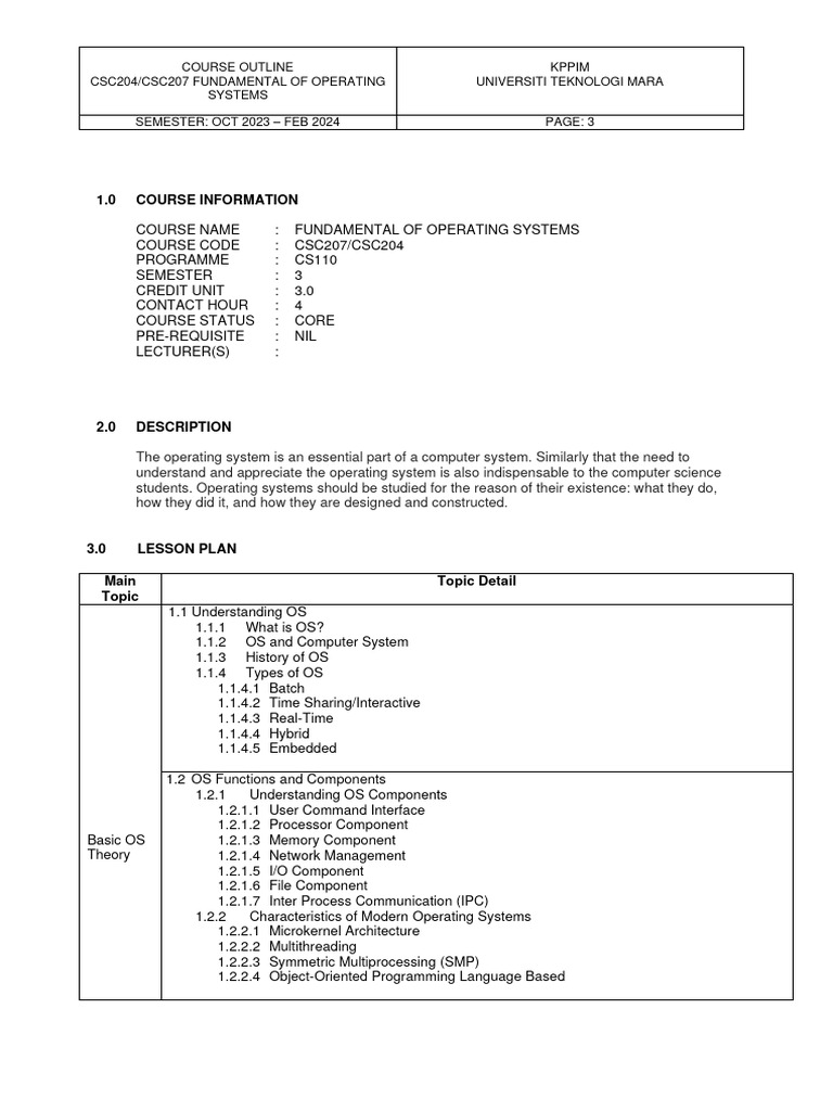 Syllabus CSC207 OKT2023-FEB2024 | PDF | Operating System | Process ...