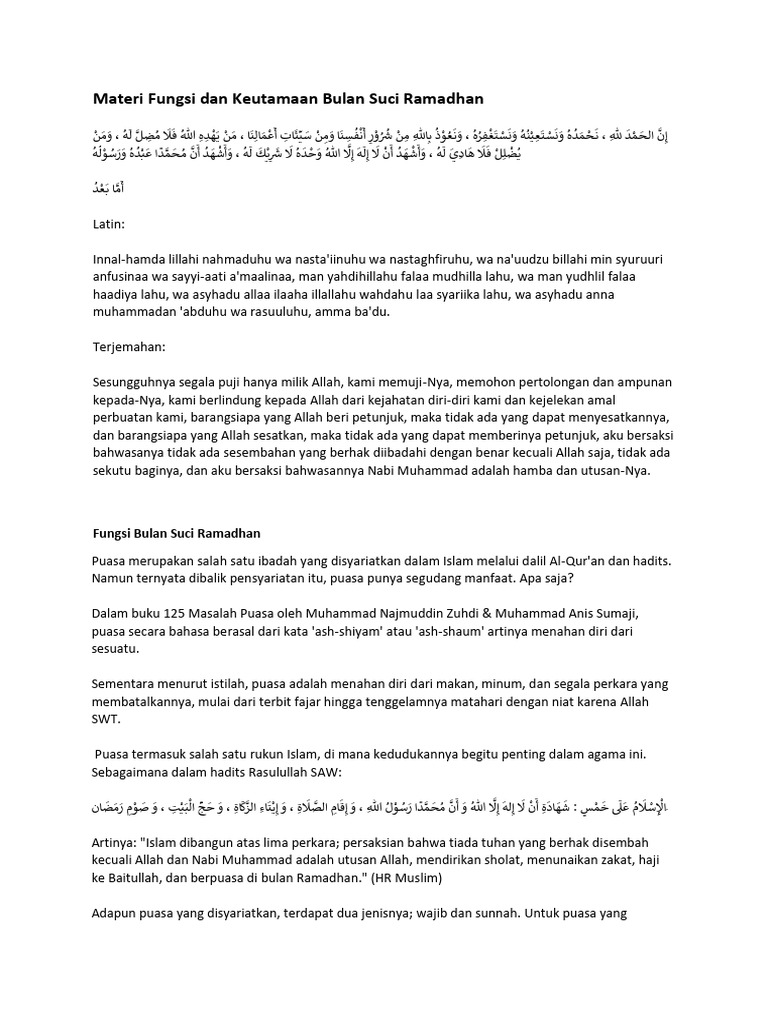 Materi Fungsi Dan Keutamaan Bulan Suci Ramadhan | PDF