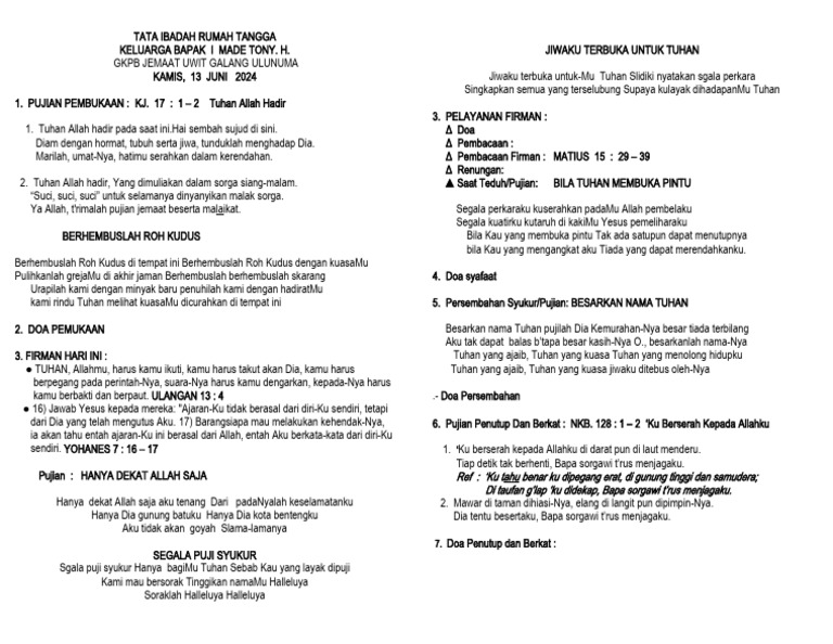 Liturgi Ibadah Kamis, 13 Juni 2024 | PDF