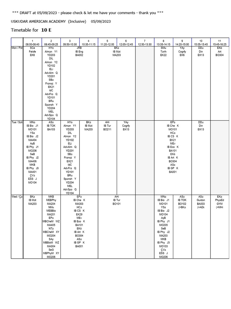 Grade 10 E Class Timetable (dragged) | PDF