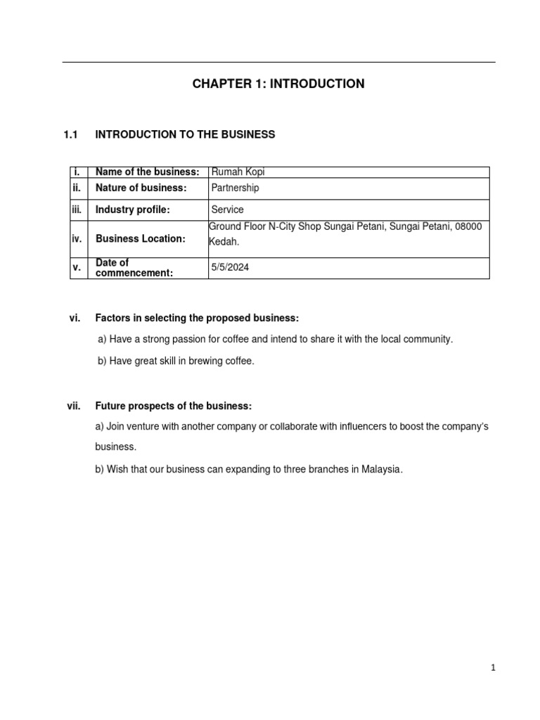 Chapter 1 Introduction (1) | PDF | Business Plan | Coffeehouse