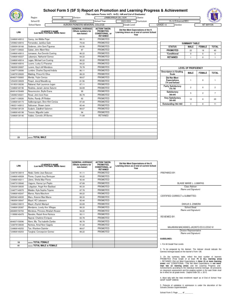 School Form 5 - Report On Promotion & Level of Proficiency | PDF