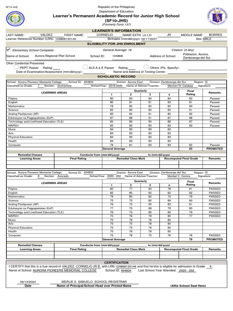 School Form 10 - Valdez - Cornelio | PDF