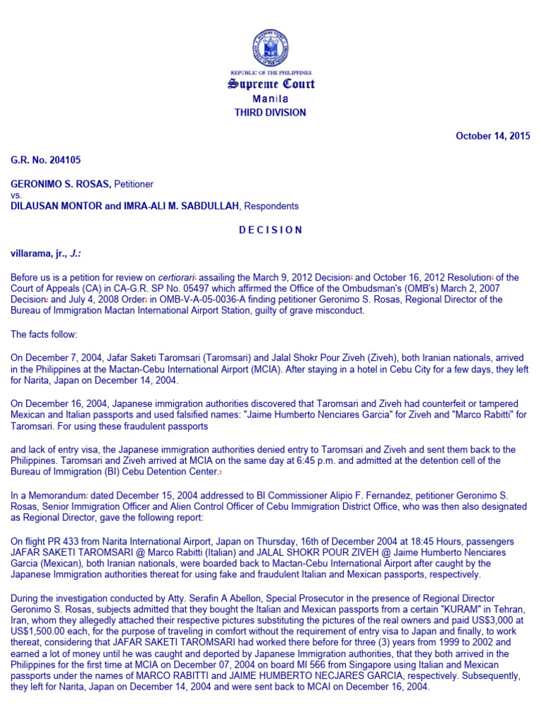 ACTUAL CASE - Rosas v. Montor GR 204105, October 14, 2015 (Villarama ...