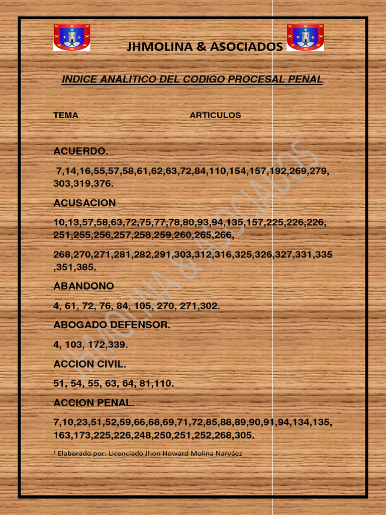 INDICE ANALITICO DEL CODIGO PROCESAL PENAL (ASESORIA JURIDICA, ABOGADOS ...