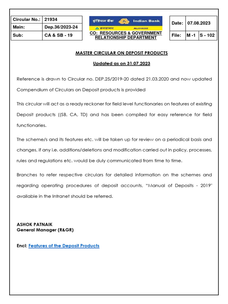 Master Circular On Deposit Products | PDF | Debit Card | Cheque