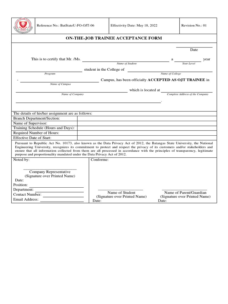 OJT Trainee Acceptance Form Template | PDF | Justice | Crime & Violence