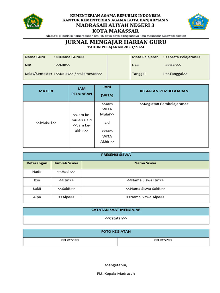 Template Jurnal Mengajar | PDF