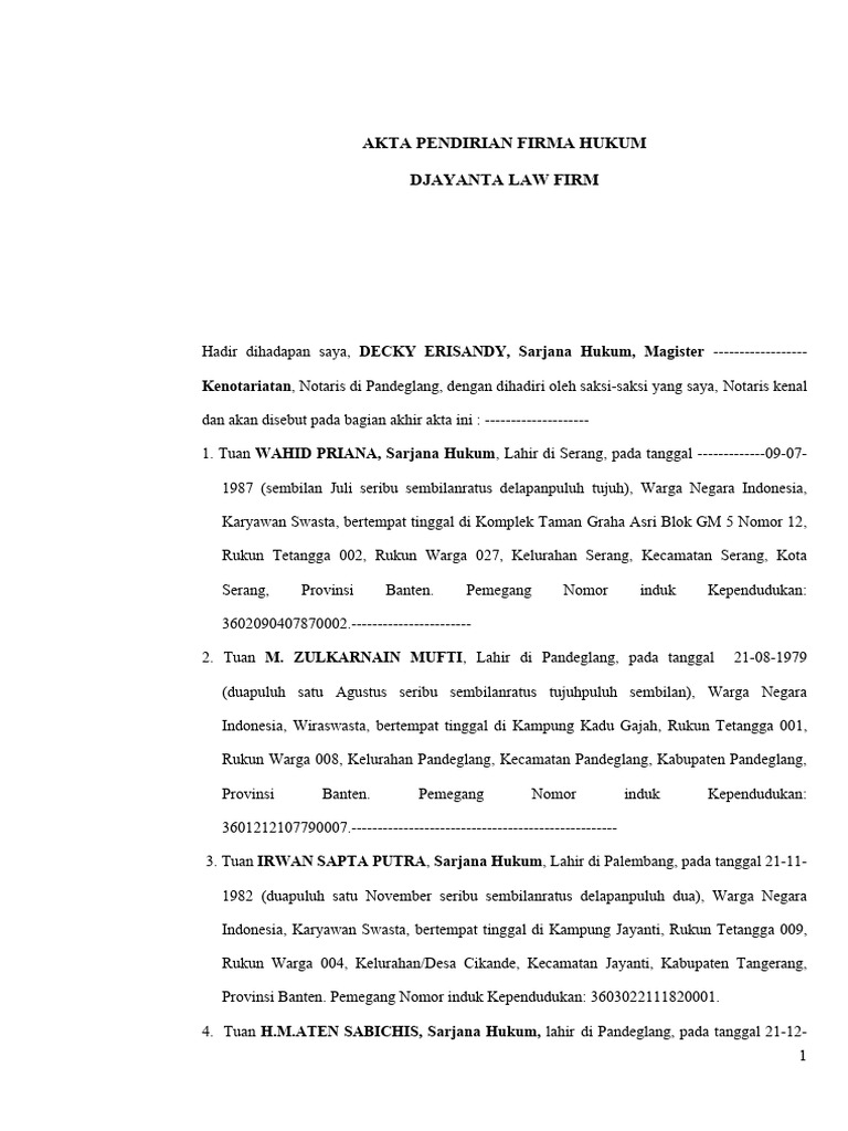 AKTA PENDIRIAN FIRMA HUKUM Versi II | PDF