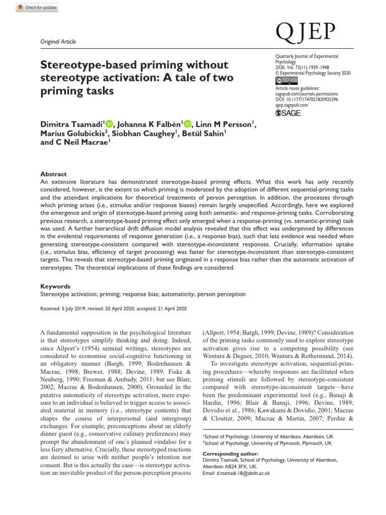 Stereotype-Based Priming Effects Explained | PDF | Priming (Psychology ...