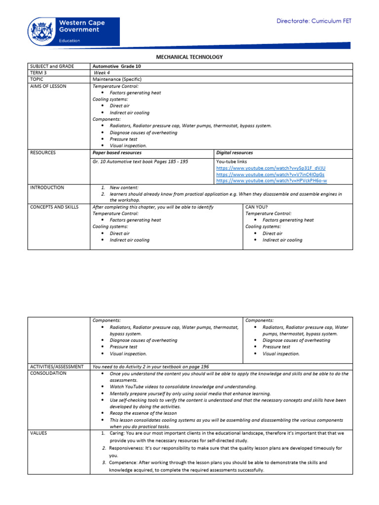 Mechanical Technology Automotive Grade 10 Term 3 Week 4 - 2020 | PDF ...