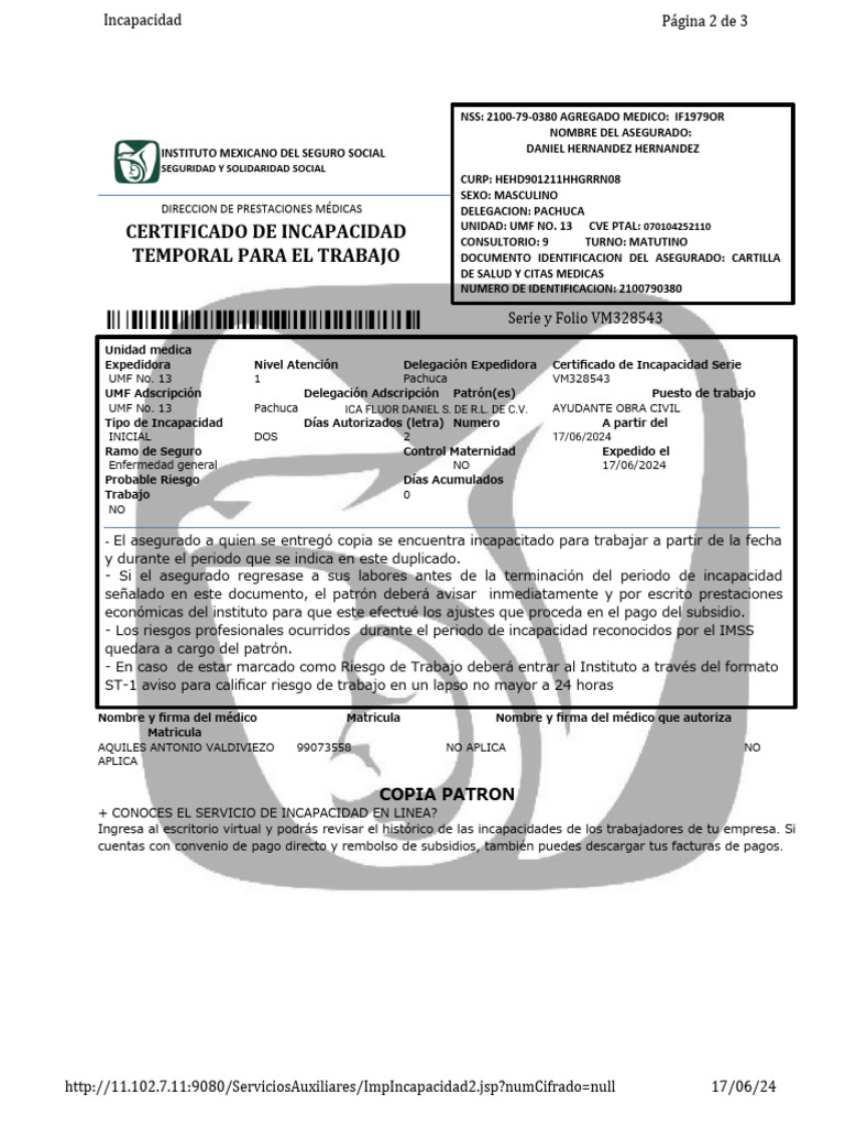 Certificado De Incapacidad Imss 2024 Pdf
