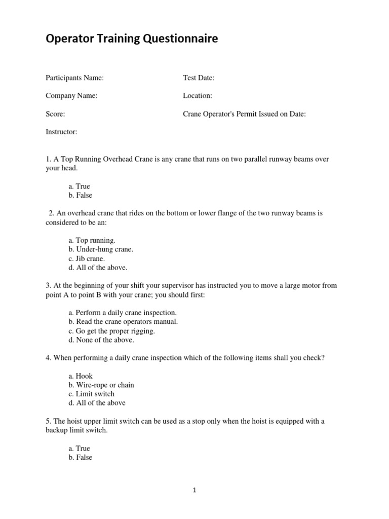 Operator training questionnaire | PDF | Crane (Machine) | Manufactured Goods