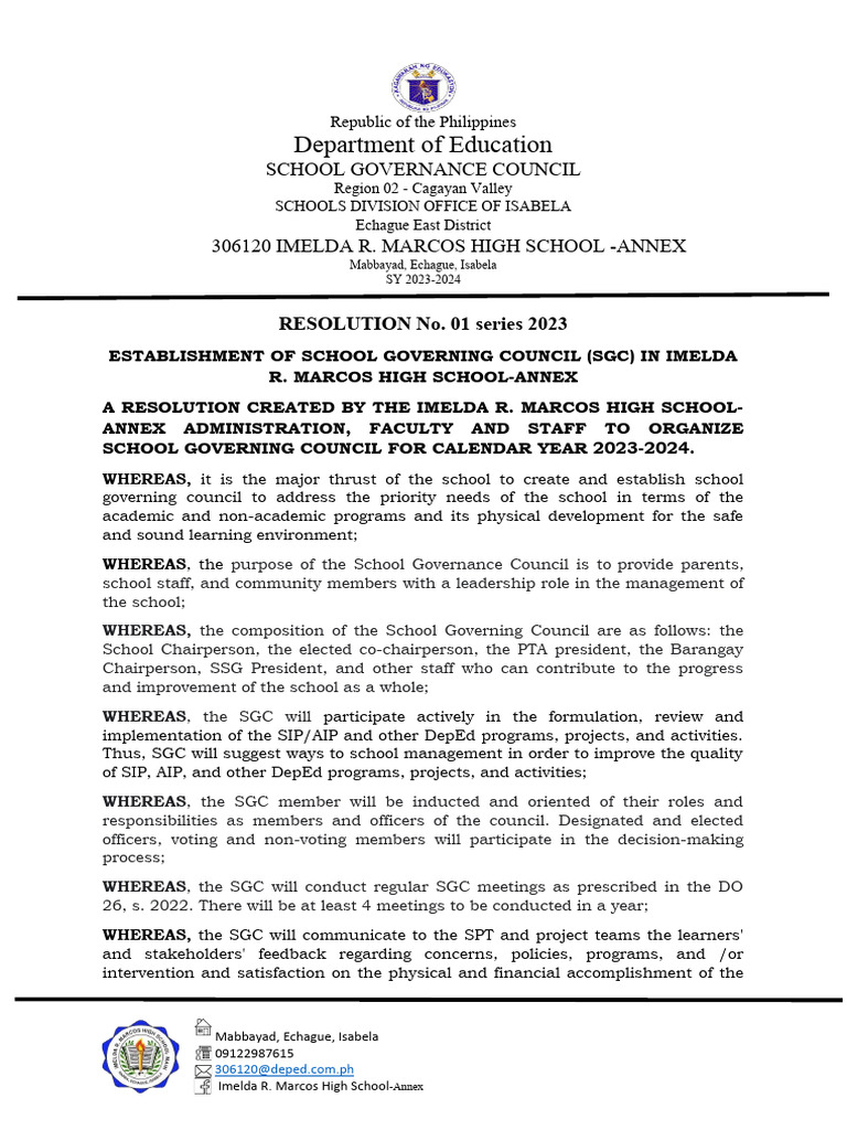 RESOLUTION No. 1 2023 2024 SGC 1 | PDF | Governance | Policy