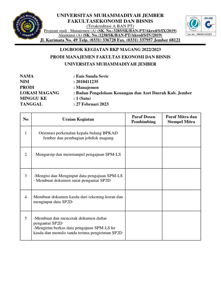 LOGBOOK KEGIATAN BKP Magang Genap 2022-2023 | PDF