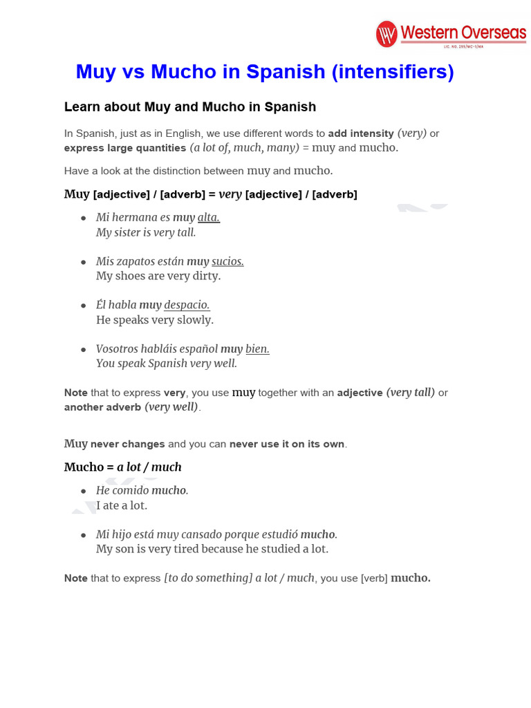 Muy vs Mucho (intensifiers) | PDF
