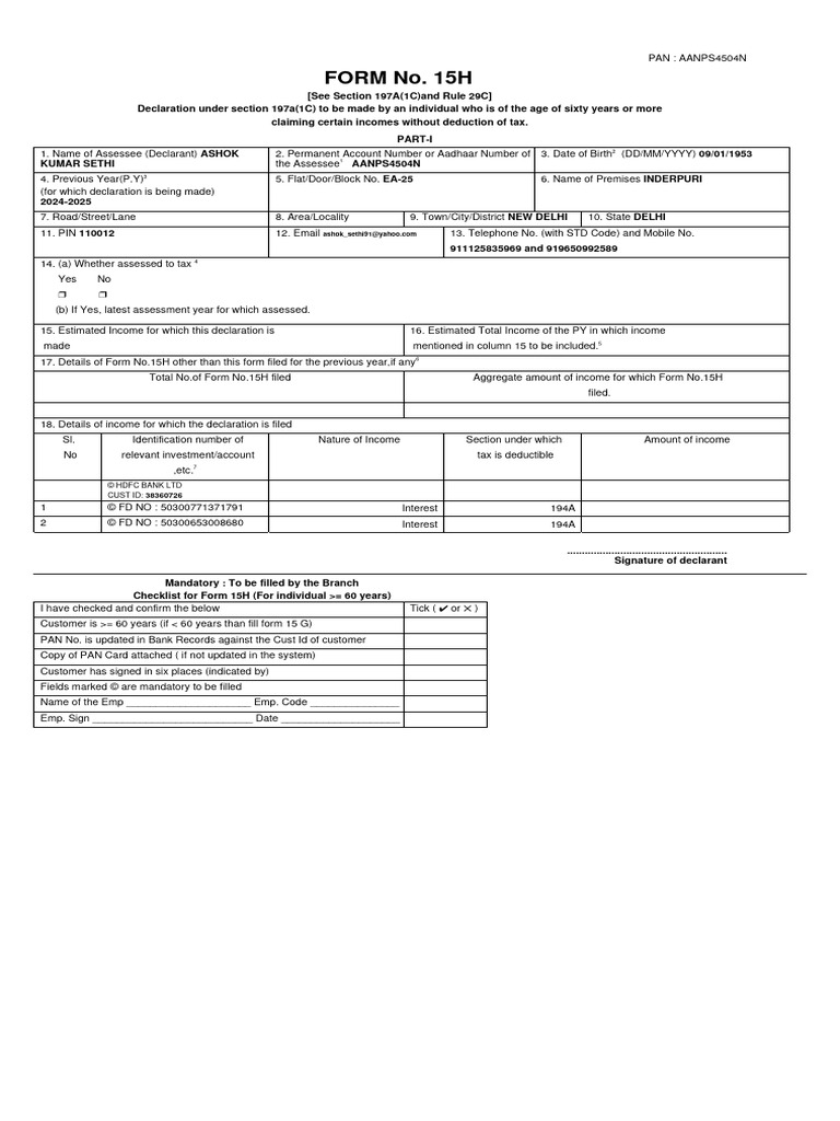 15 H Form (Pre-Filled) | PDF | Public Finance | Taxation