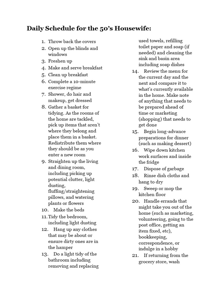 Lesson 5 - Daily Schedule For The 50's Housewife | PDF | Home | Cuisine