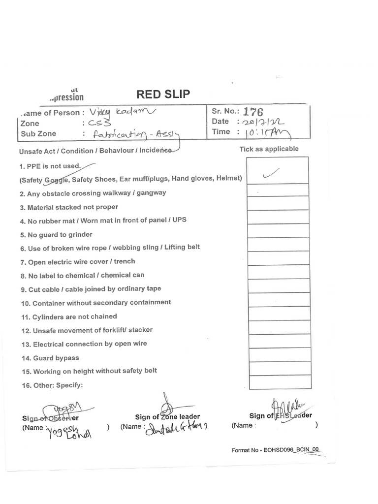 Red Slips For Safety Violation | PDF