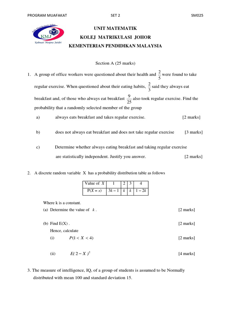 SM025 KMJ Muafakat Set 2 (Question) | PDF | Probability Distribution | Ellipse