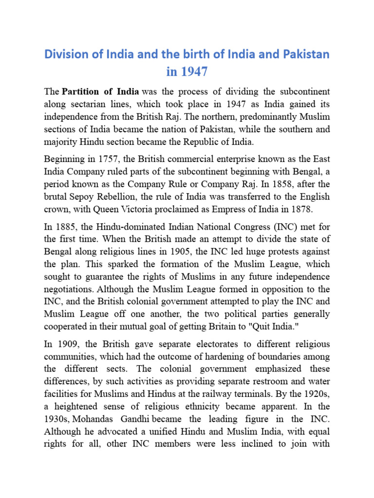 Division of India and The Birth of India and Pakistan | PDF | British ...